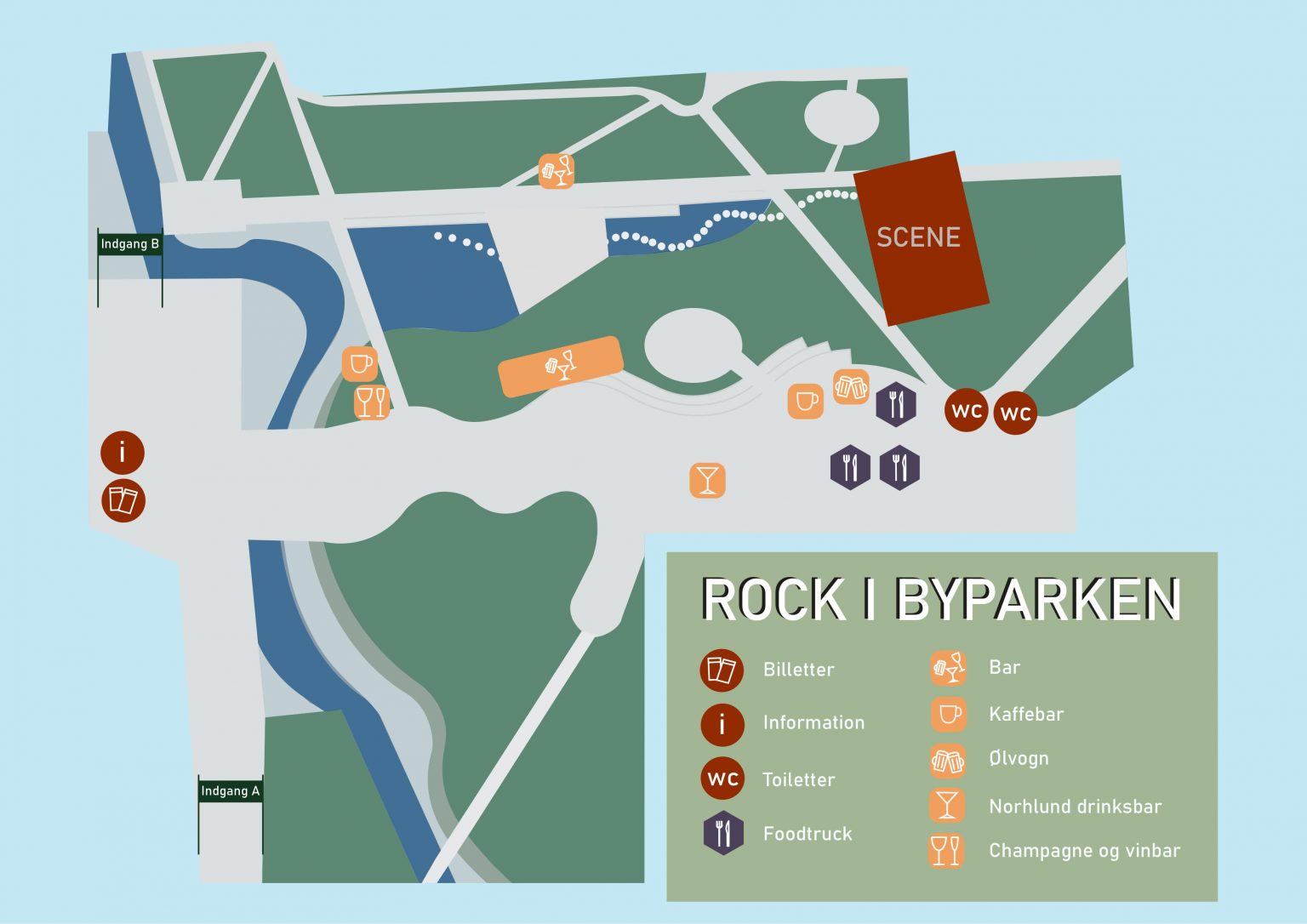 Kort over indgange til Byparken - Vejle Musikteater